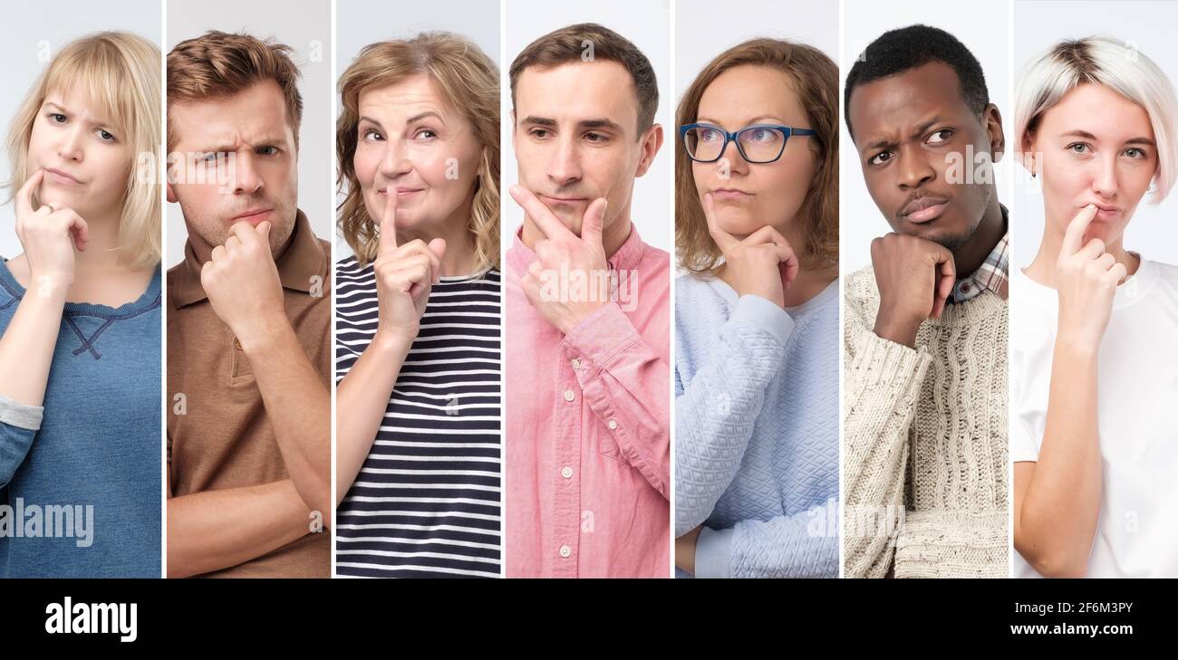 Collage of studio portrait people thinking, planning, trying to make a ...