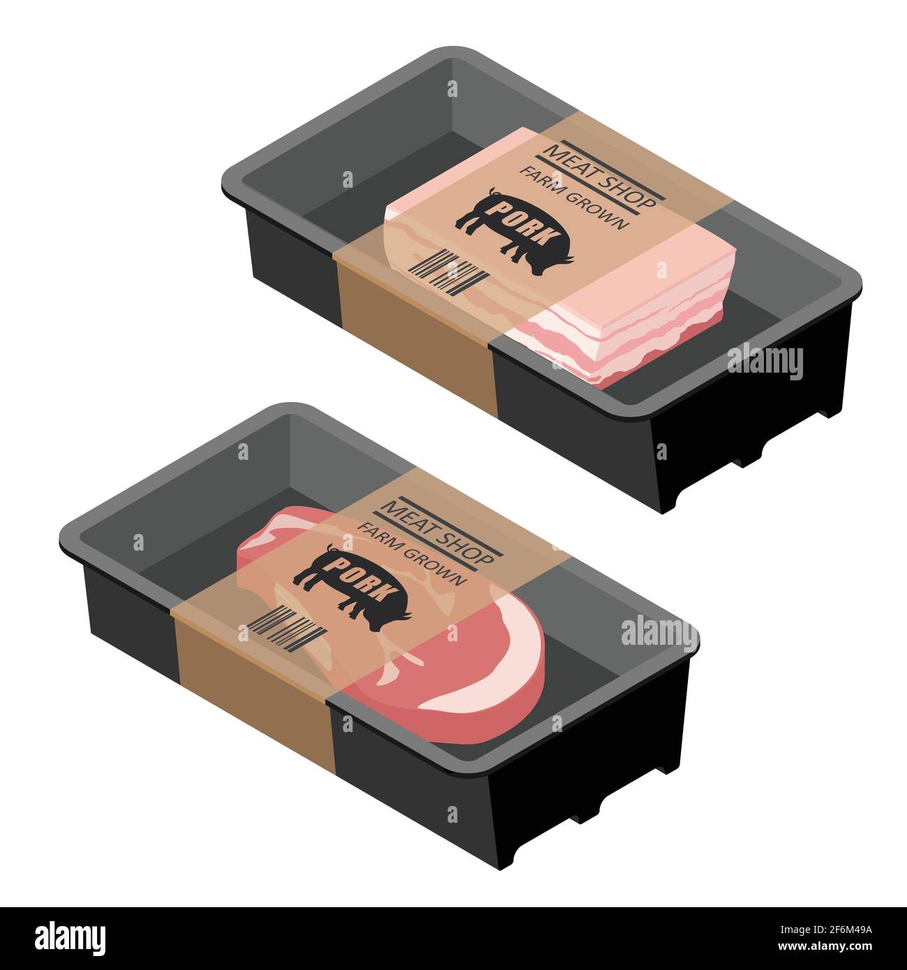 Raw fresh pork meat steak and belly food packing design. Isolated on ...