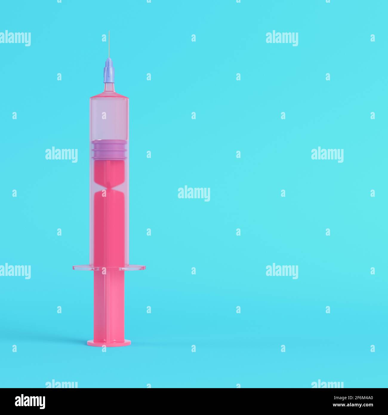 Pink syringe with vaccine on bright blue background in pastel colors ...