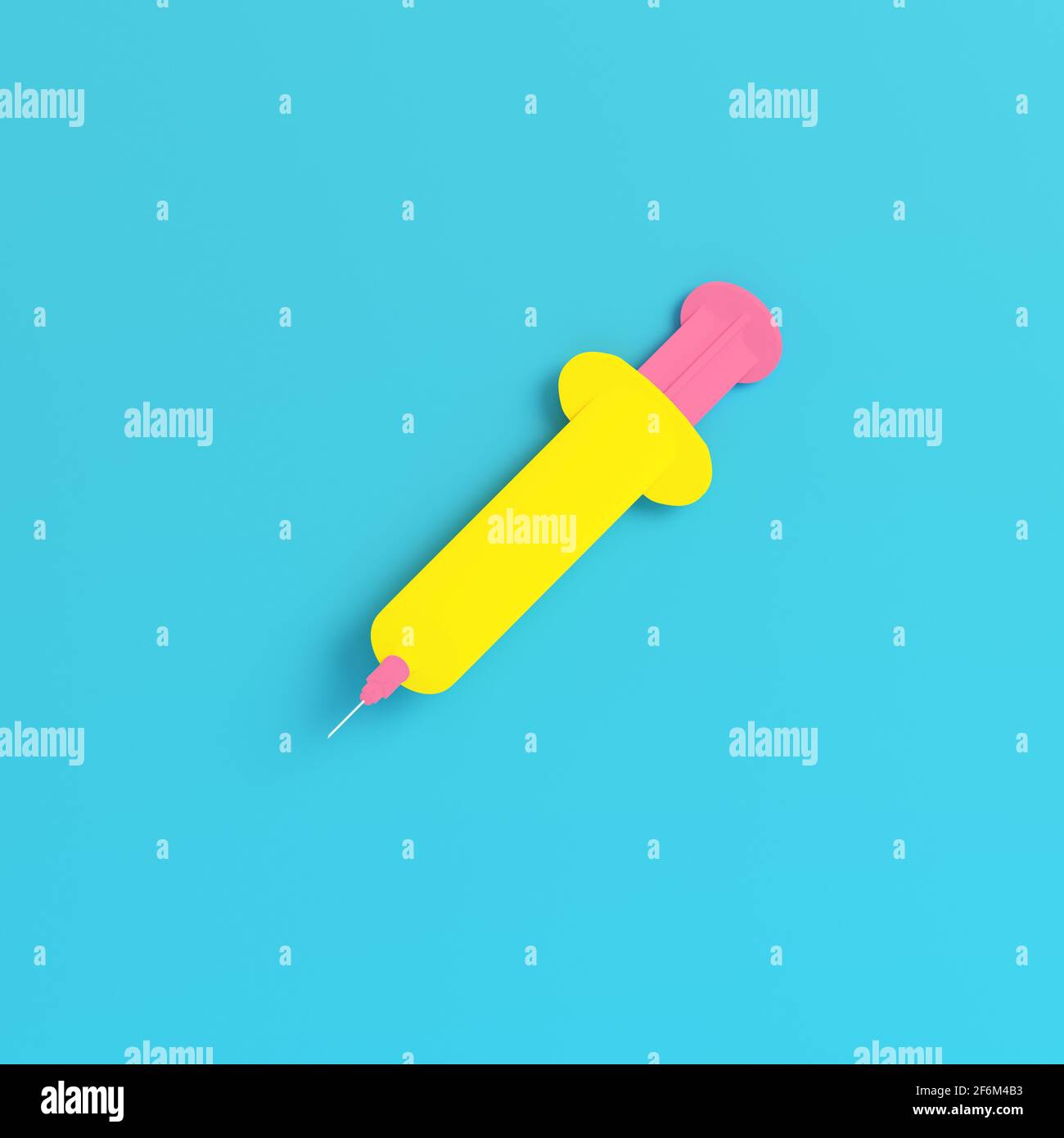 Yellow syringe on bright blue background in pastel colors. Minimalism ...