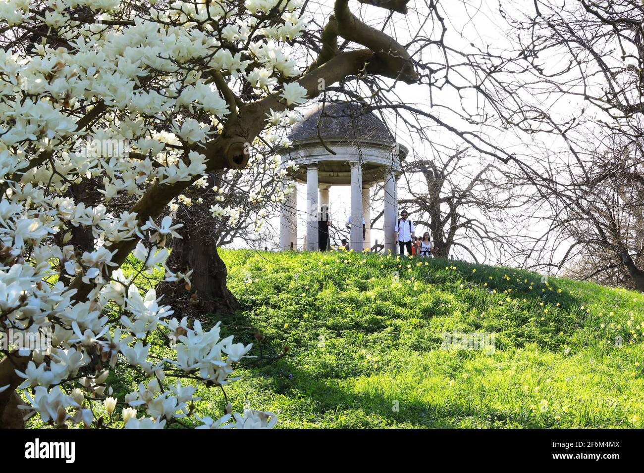 Spring blossom by the Temple of Aeolus, in Kew Gardens, in SW London ...