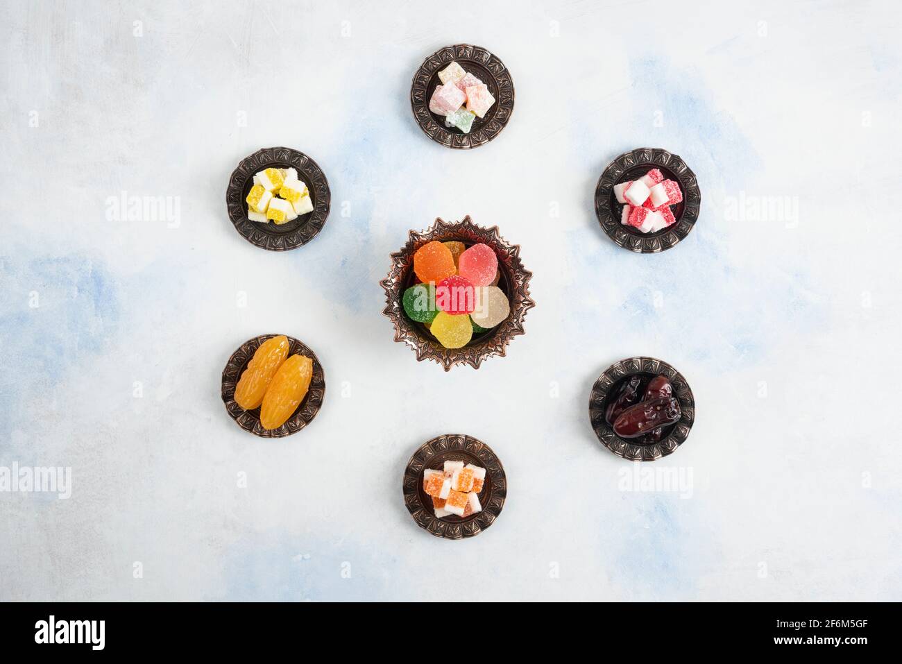 Top view of Turkish delights on white background. Candy, lokum and dry ...