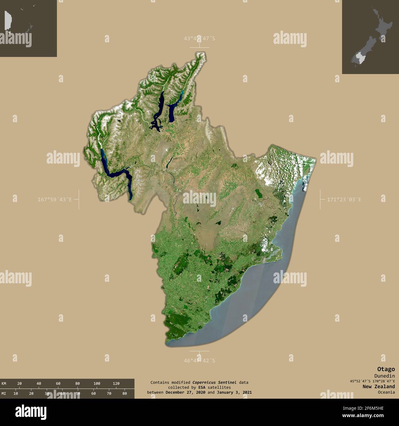 Otago, regional council of New Zealand. Sentinel-2 satellite imagery ...