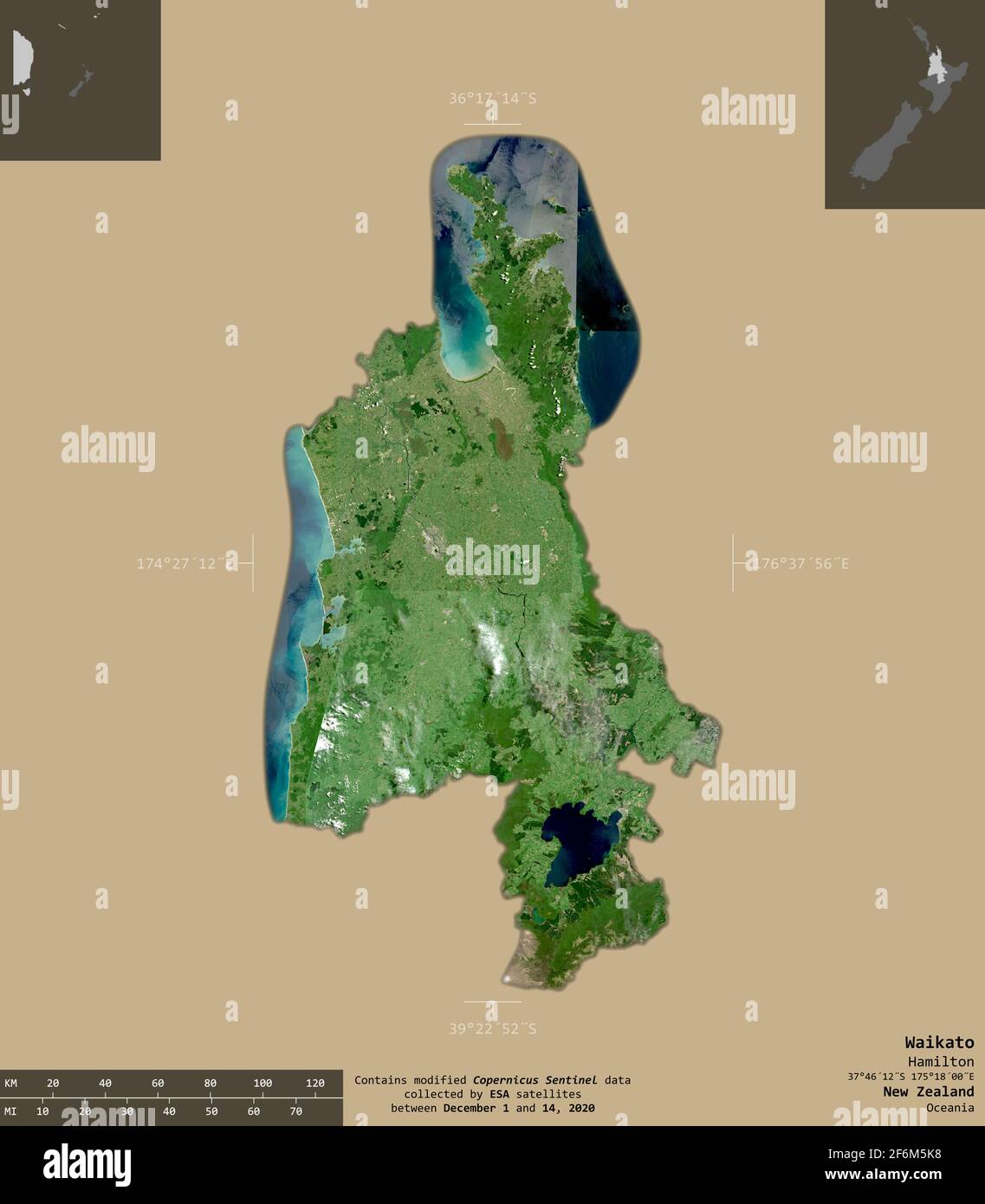 Waikato, regional council of New Zealand. Sentinel-2 satellite imagery ...