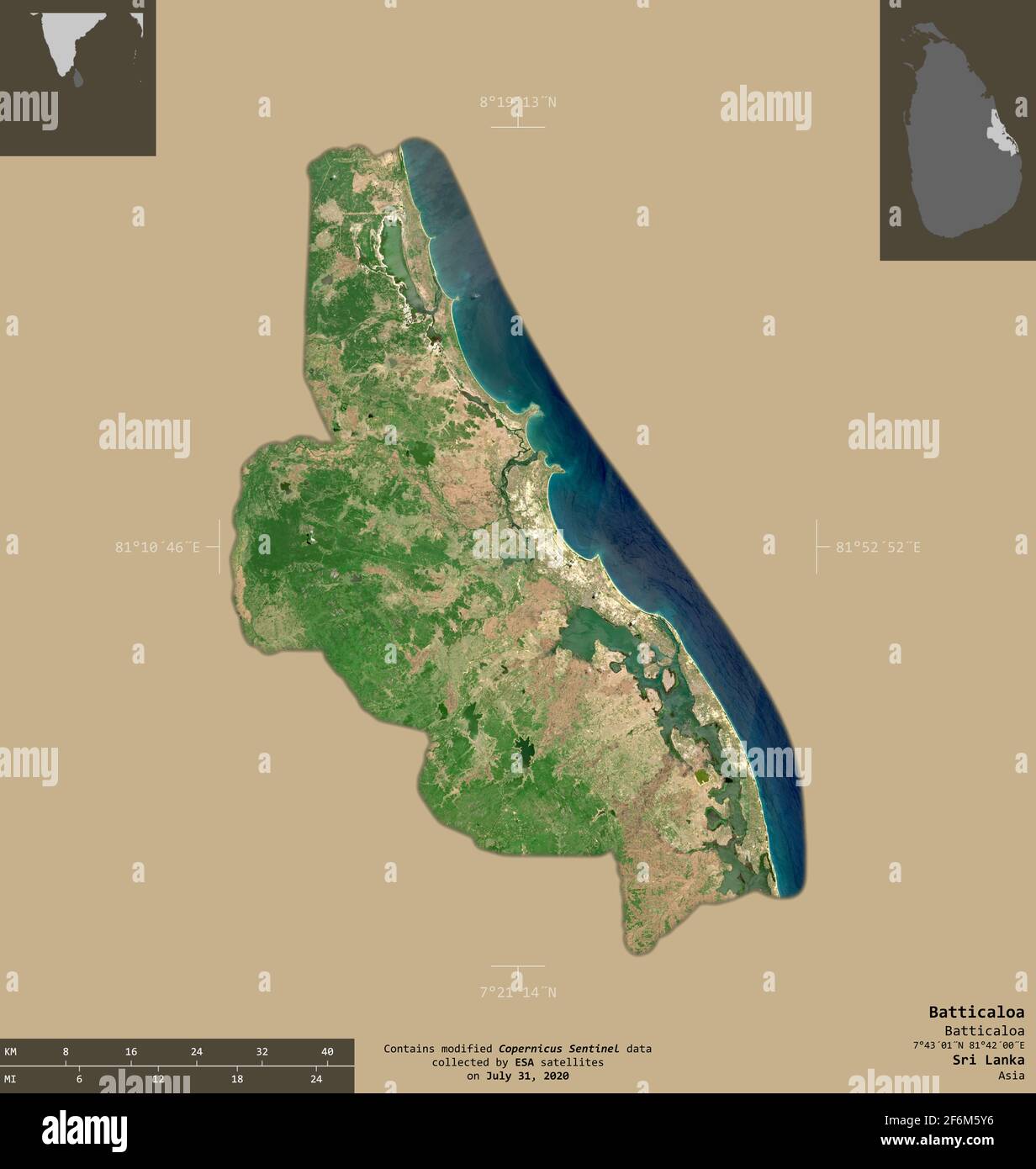 Batticaloa, district of Sri Lanka. Sentinel-2 satellite imagery. Shape ...