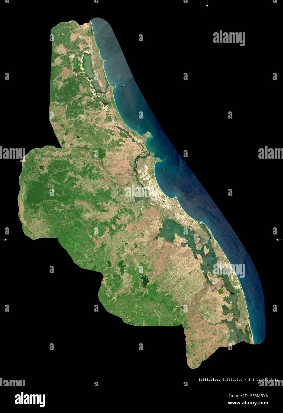 Batticaloa, district of Sri Lanka. Sentinel-2 satellite imagery. Shape isolated on black ...