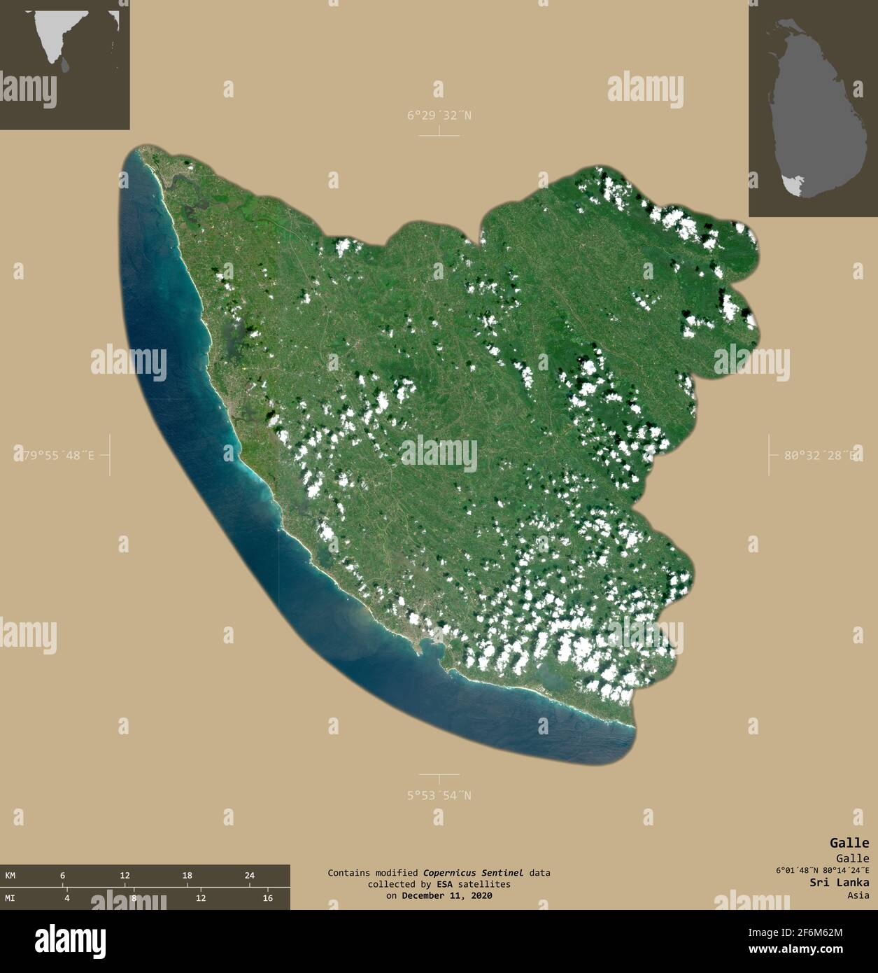 Galle, district of Sri Lanka. Sentinel-2 satellite imagery. Shape ...