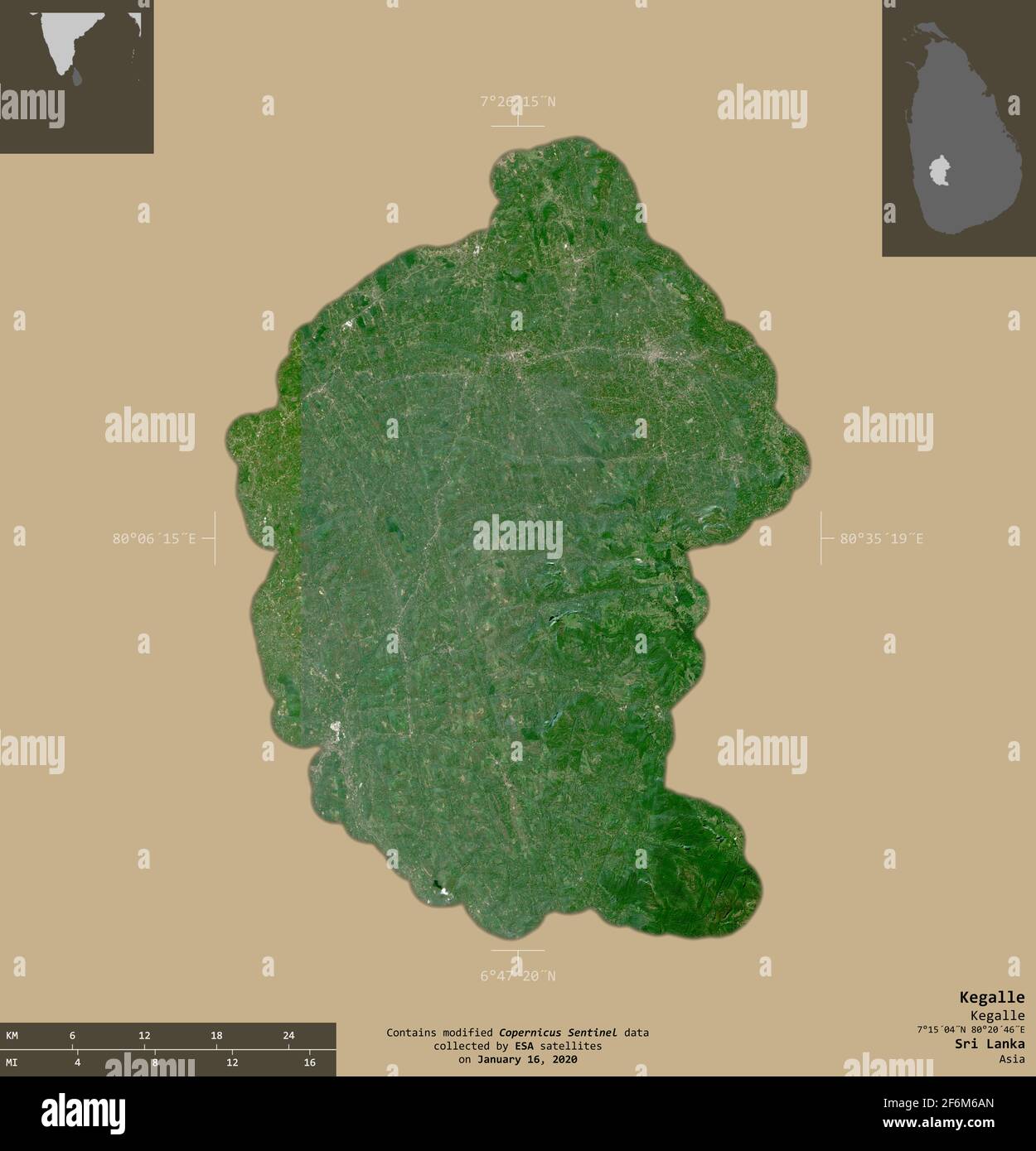 Kegalle, district of Sri Lanka. Sentinel-2 satellite imagery. Shape ...