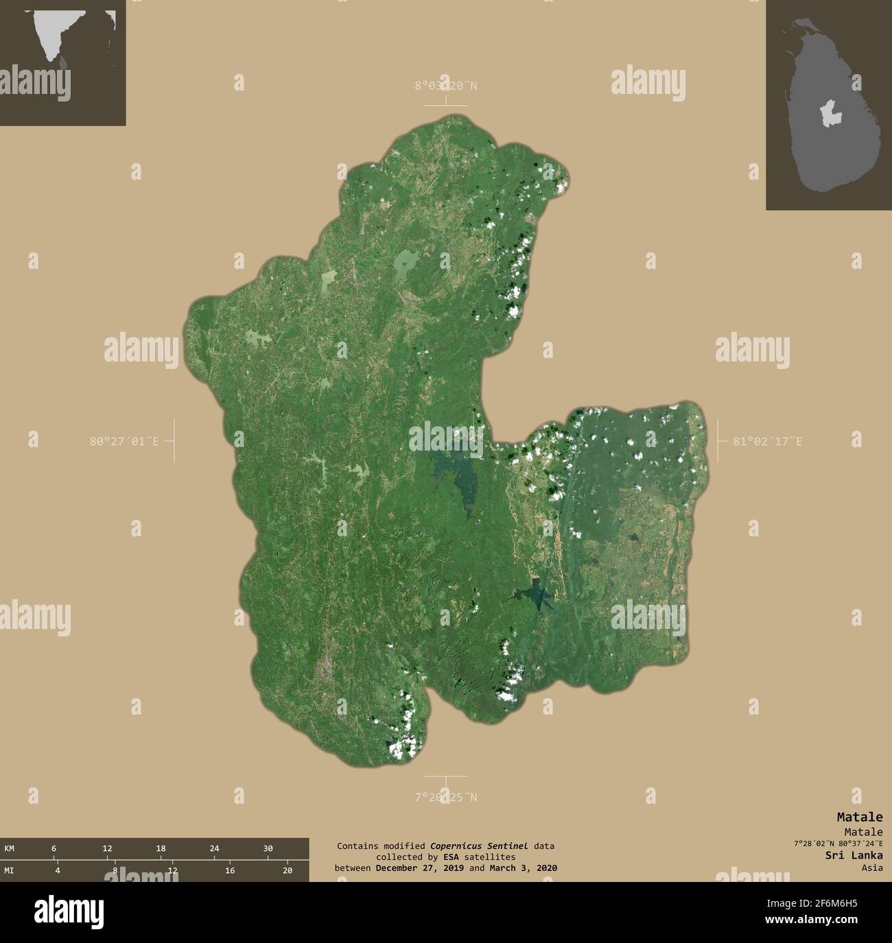 Matale, district of Sri Lanka. Sentinel-2 satellite imagery. Shape ...