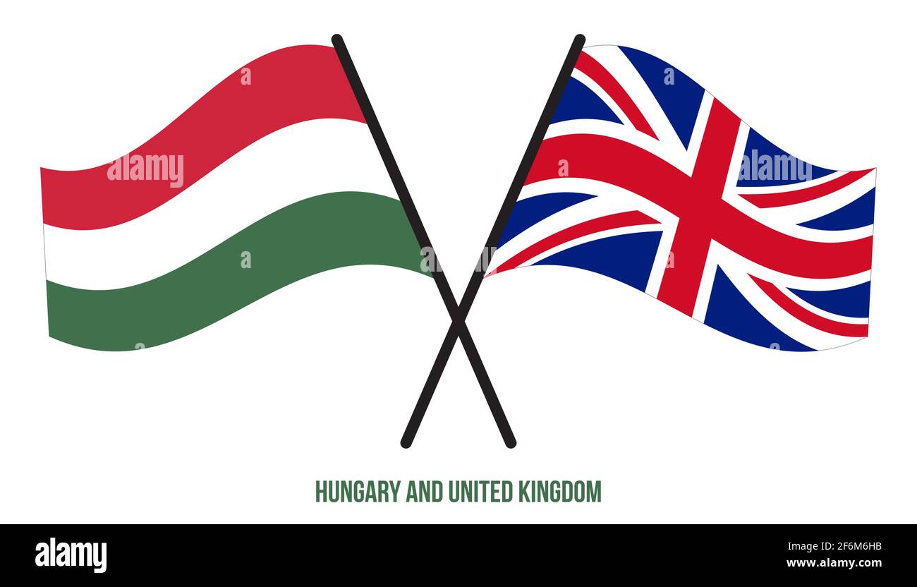 Hungary and United Kingdom Flags Crossed And Waving Flat Style ...