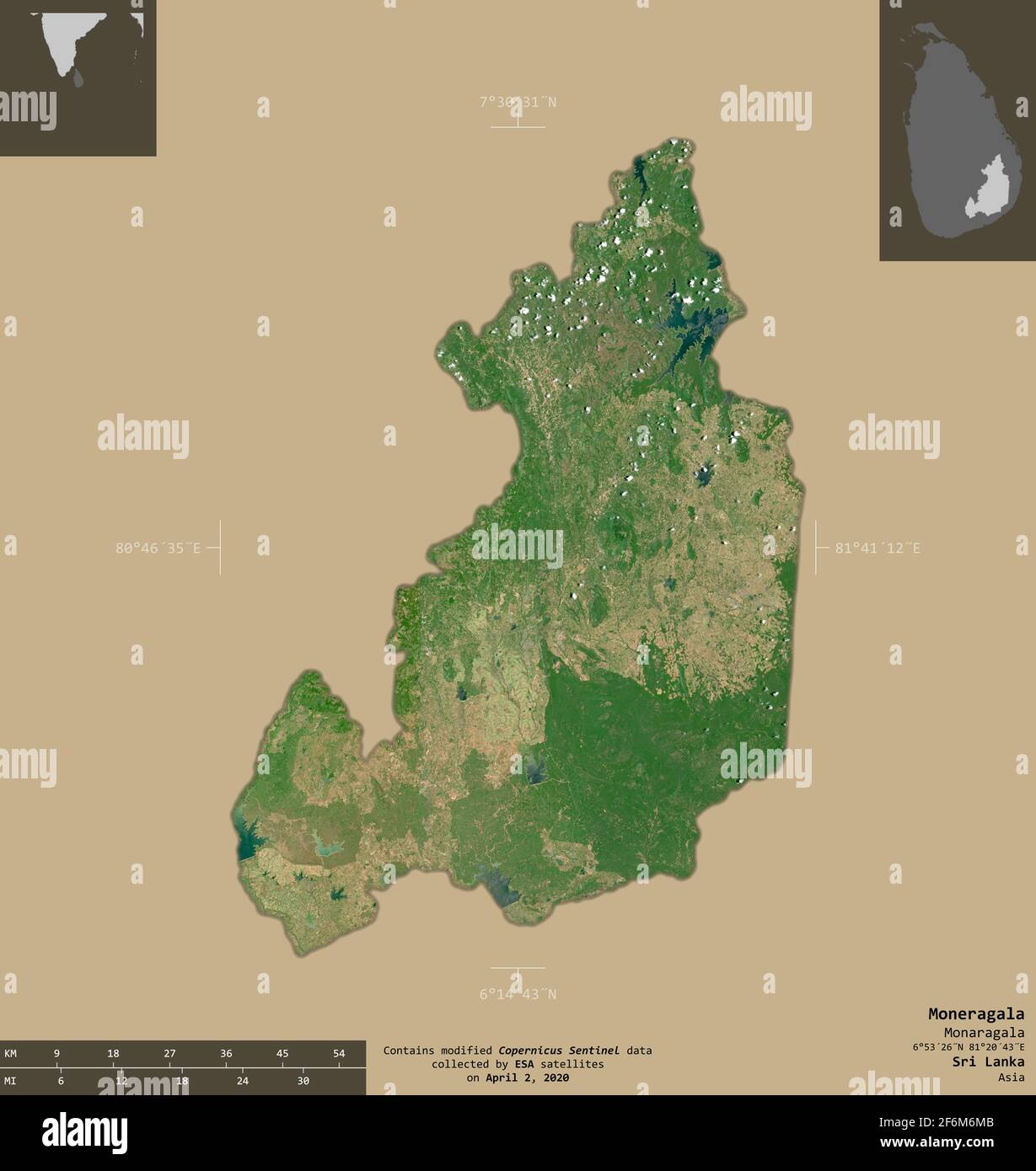 Moneragala, district of Sri Lanka. Sentinel-2 satellite imagery. Shape ...