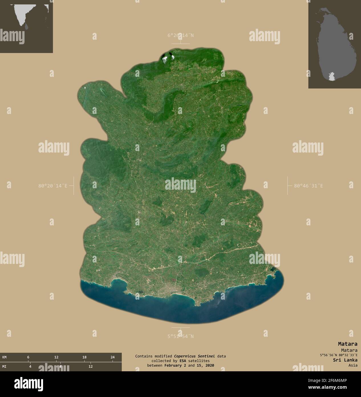 Matara, district of Sri Lanka. Sentinel-2 satellite imagery. Shape ...