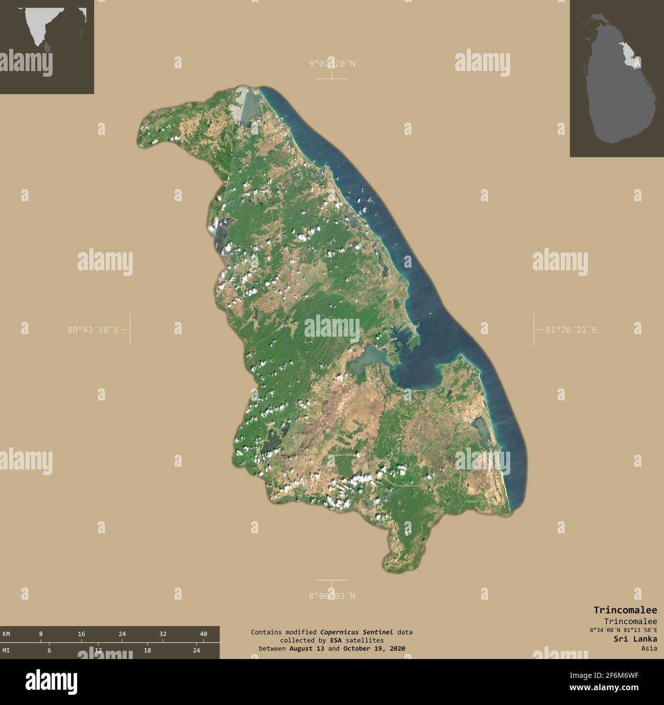 Trincomalee, district of Sri Lanka. Sentinel-2 satellite imagery. Shape ...