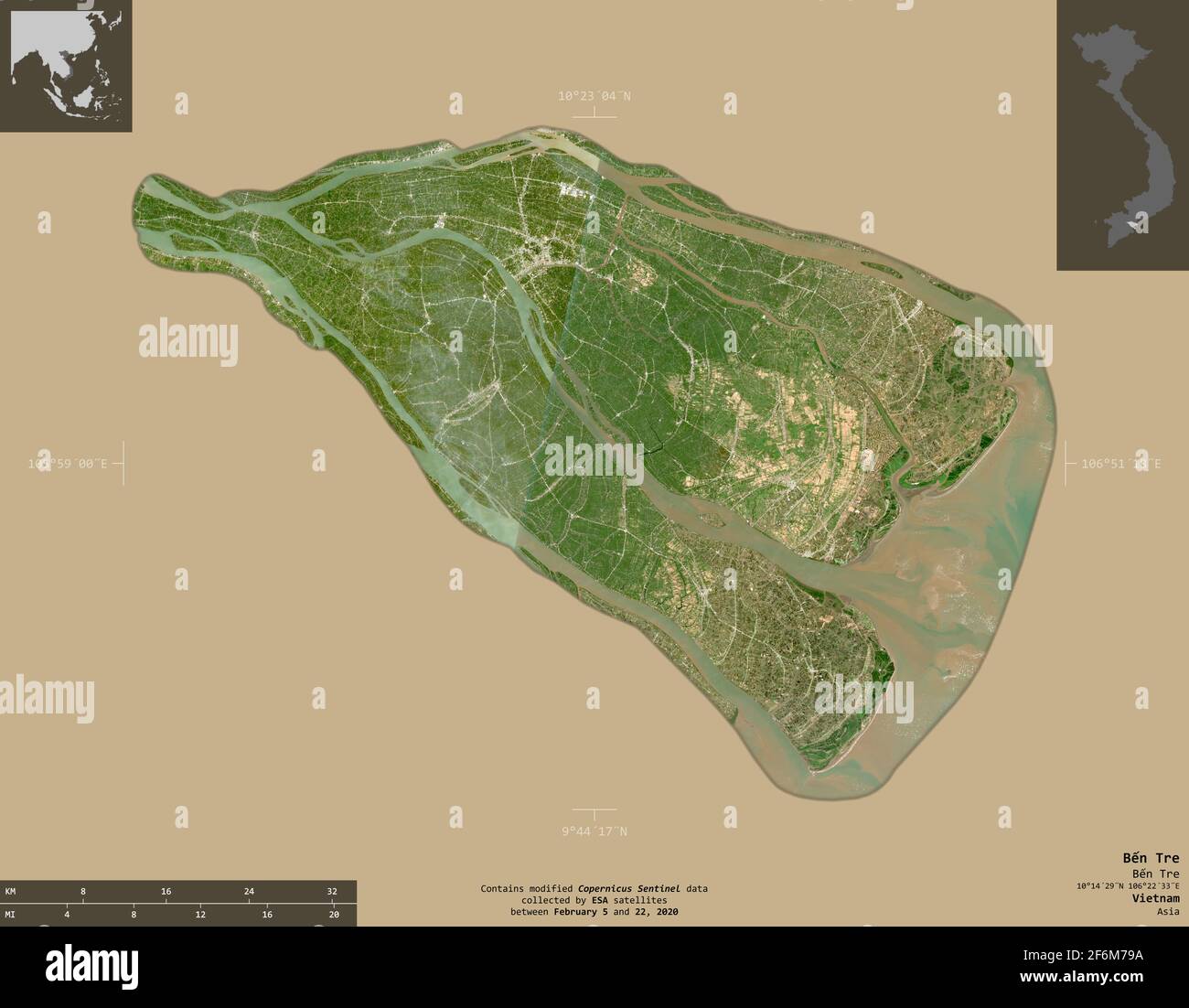 Ben Tre, province of Vietnam. Sentinel-2 satellite imagery. Shape ...