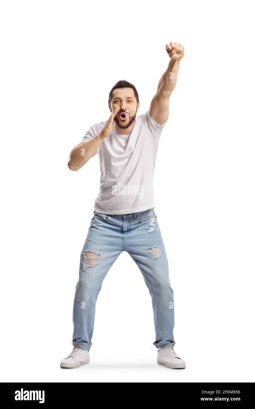 Young man cheering and shouting isolated on white background Stock ...