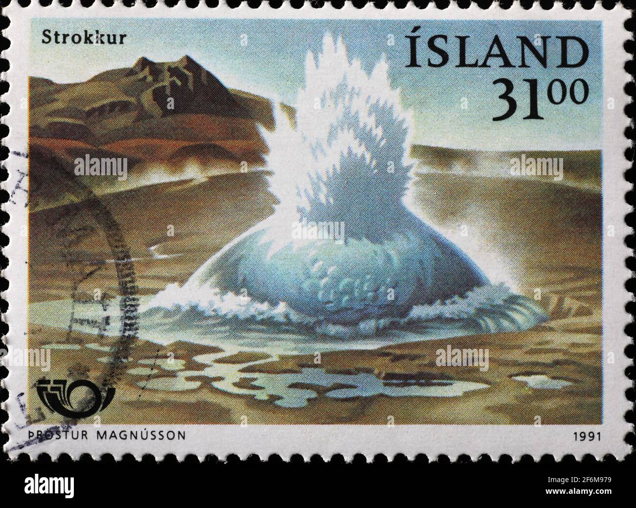 Erupting geyser on icelandic postage stamp Stock Photo - Alamy