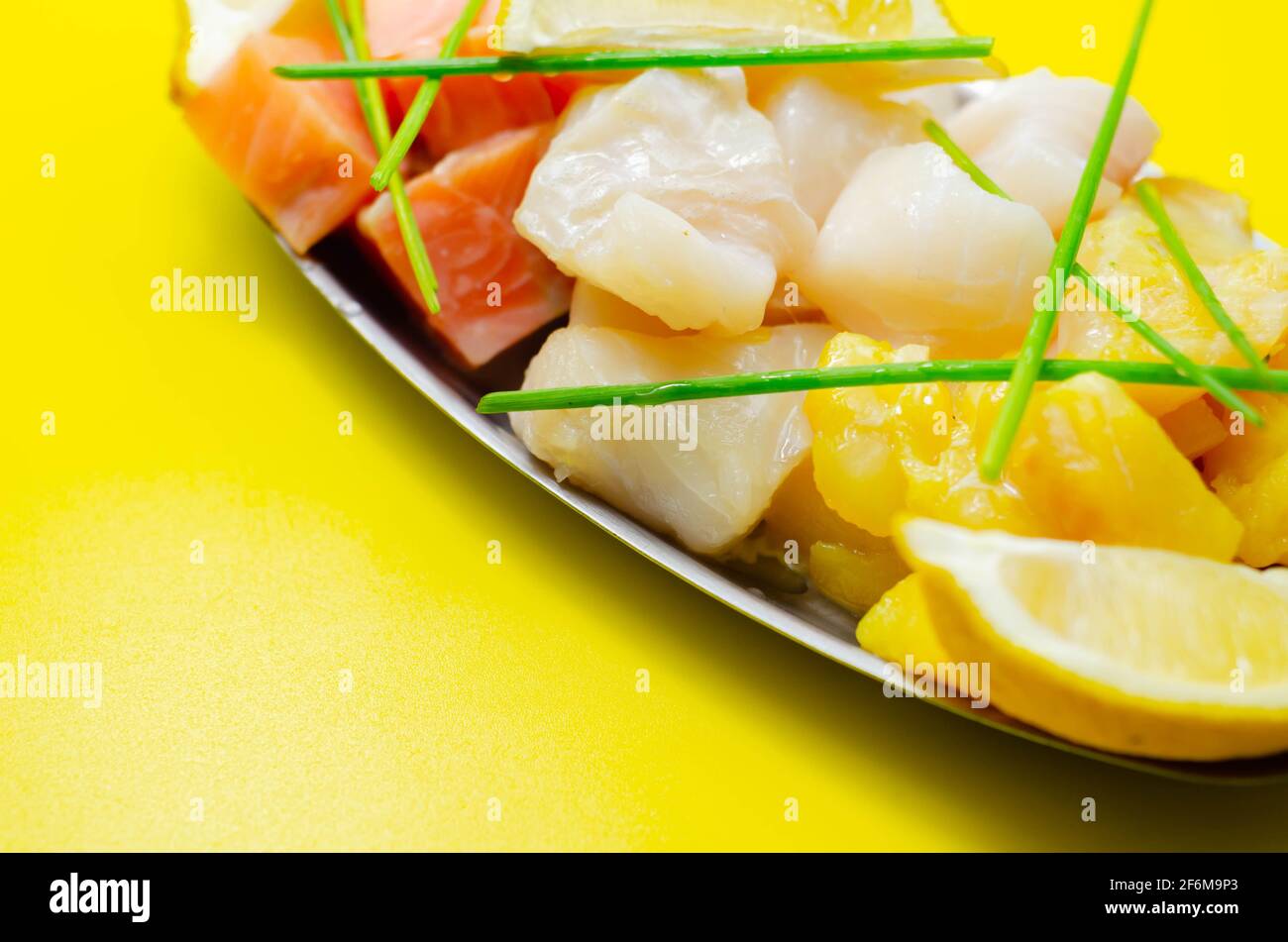 Fish pie mix, defrosted, skinless and boneless cod, dyed smoked haddock ...