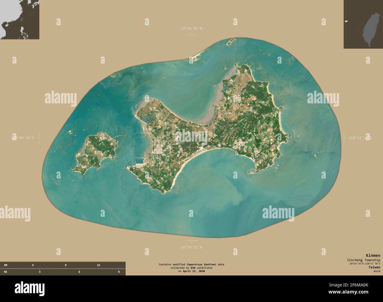 Kinmen, county of Taiwan. Sentinel-2 satellite imagery. Shape isolated ...