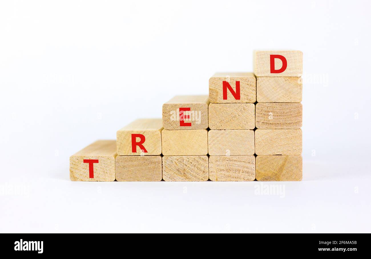 Trend symbol. Concept word 'trend' on wooden cubes on a beautiful white ...