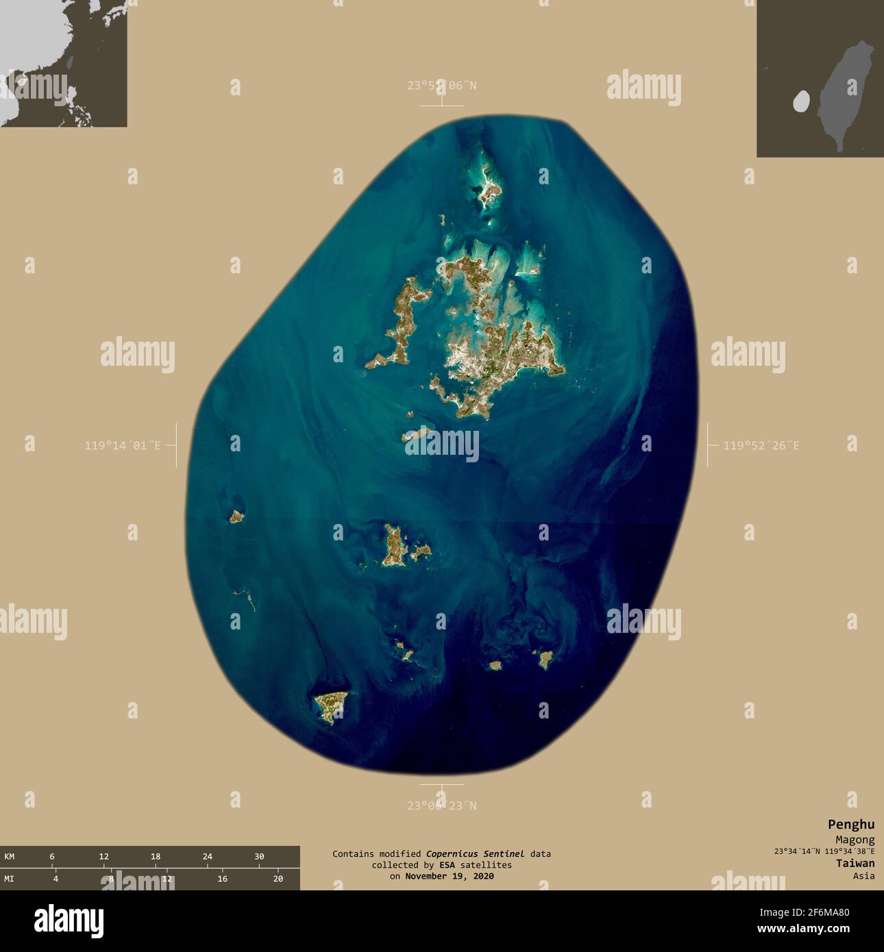 Penghu, county of Taiwan. Sentinel-2 satellite imagery. Shape isolated ...