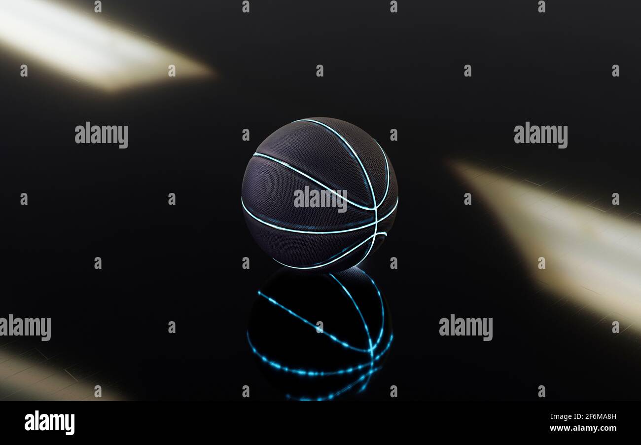 Dark implementation of LED illuminated basketball on reflecting floor ...