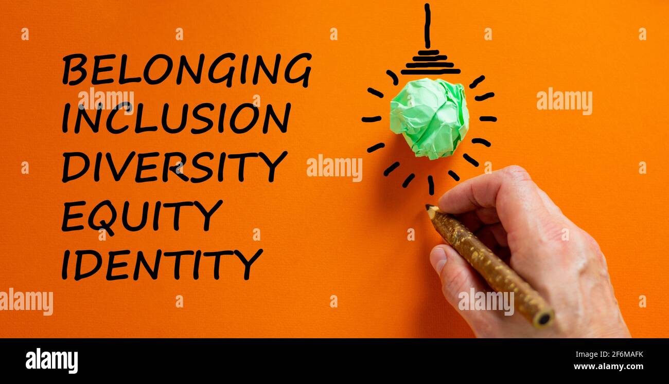 Belonging symbol. Businessman writing 'identity, equity, diversity ...