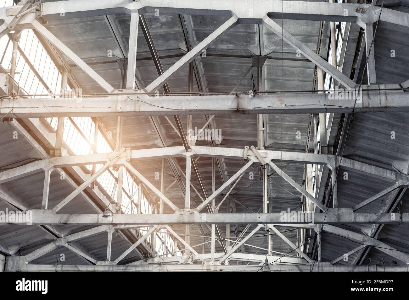 Old abandoned decay industry factory or plant roof ceiling interior ...