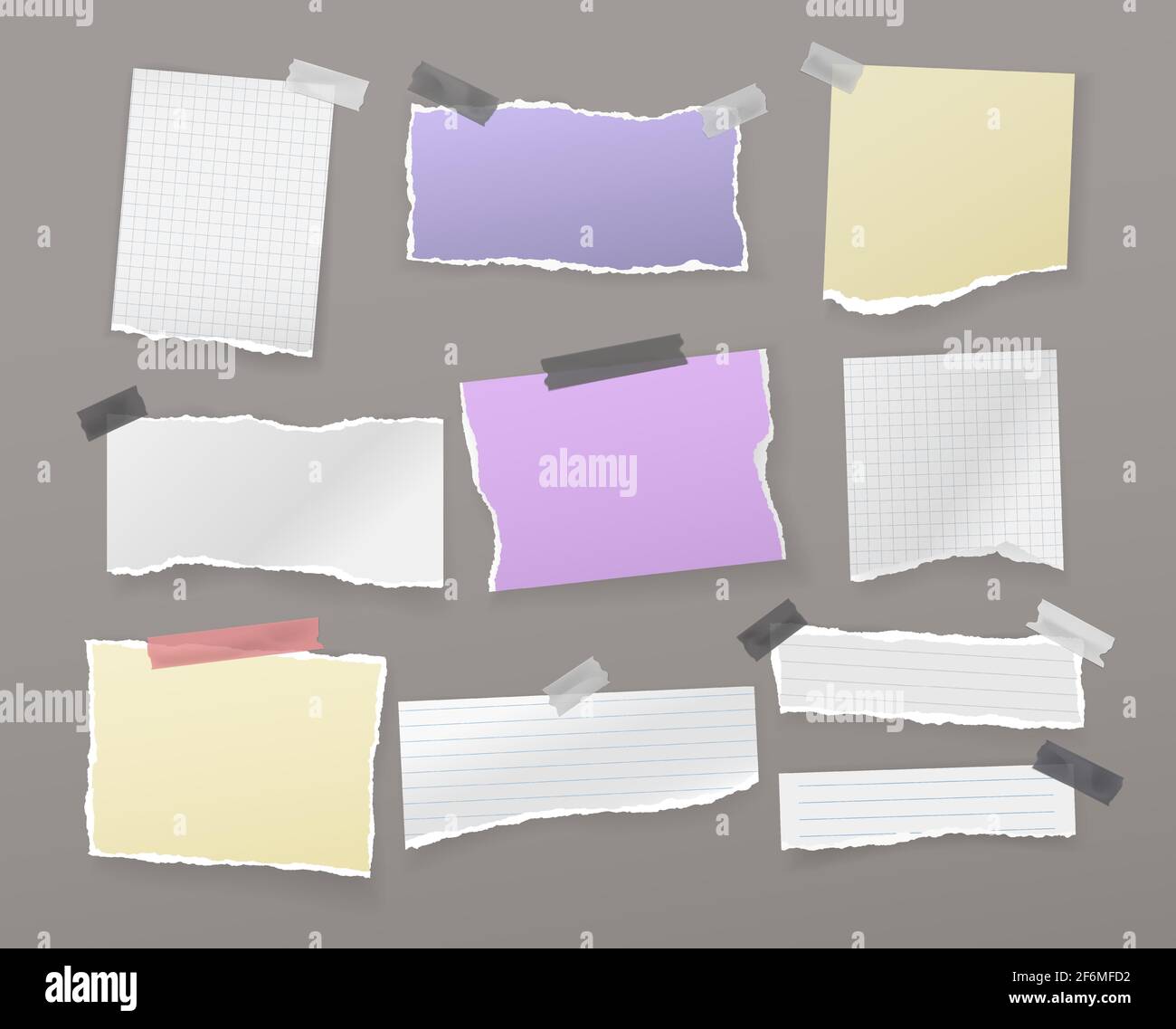 White, colorful torn note, notebook paper pieces are on dark grey ... White, colorful torn note, notebook paper pieces are on dark grey ...