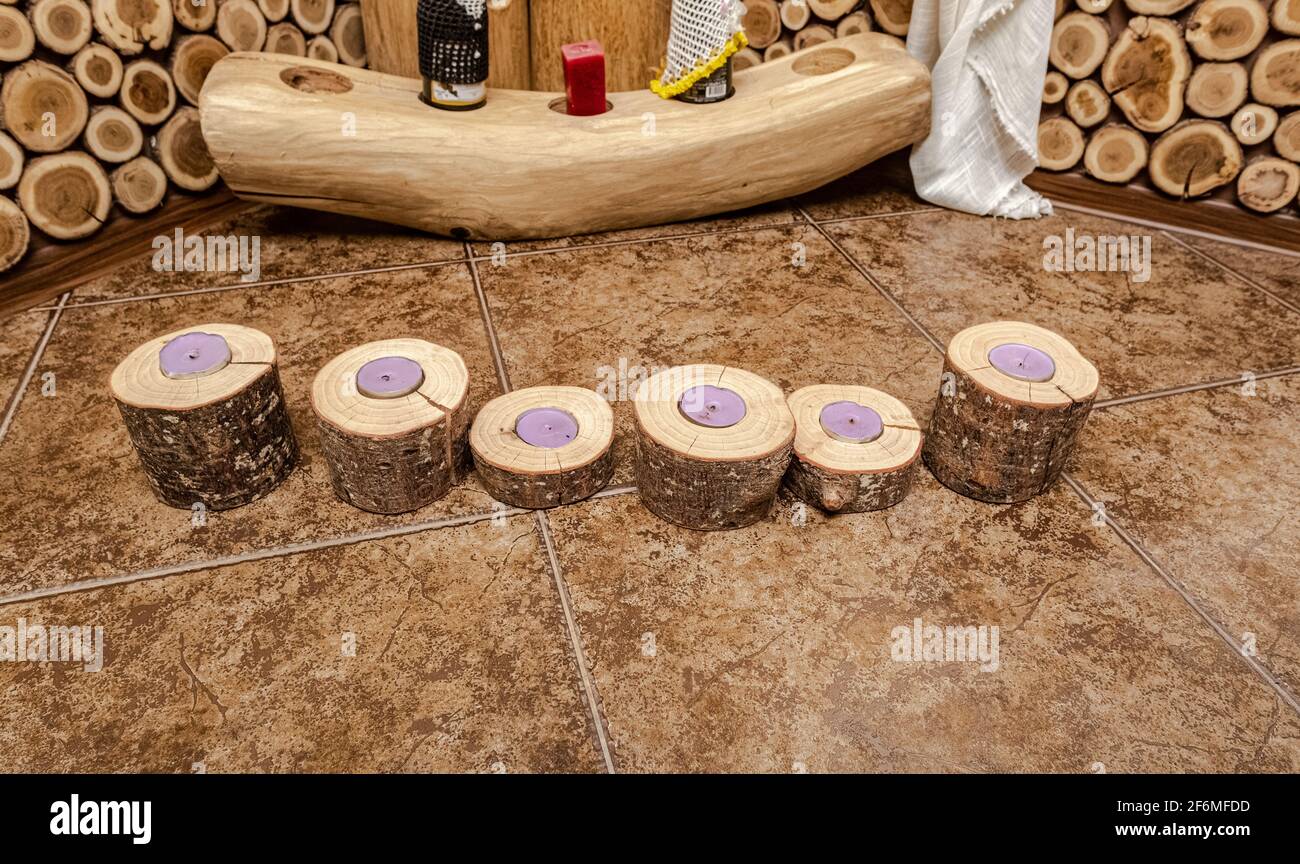 Candlesticks from the tree trunk. Handmade wood products Stock Photo ...