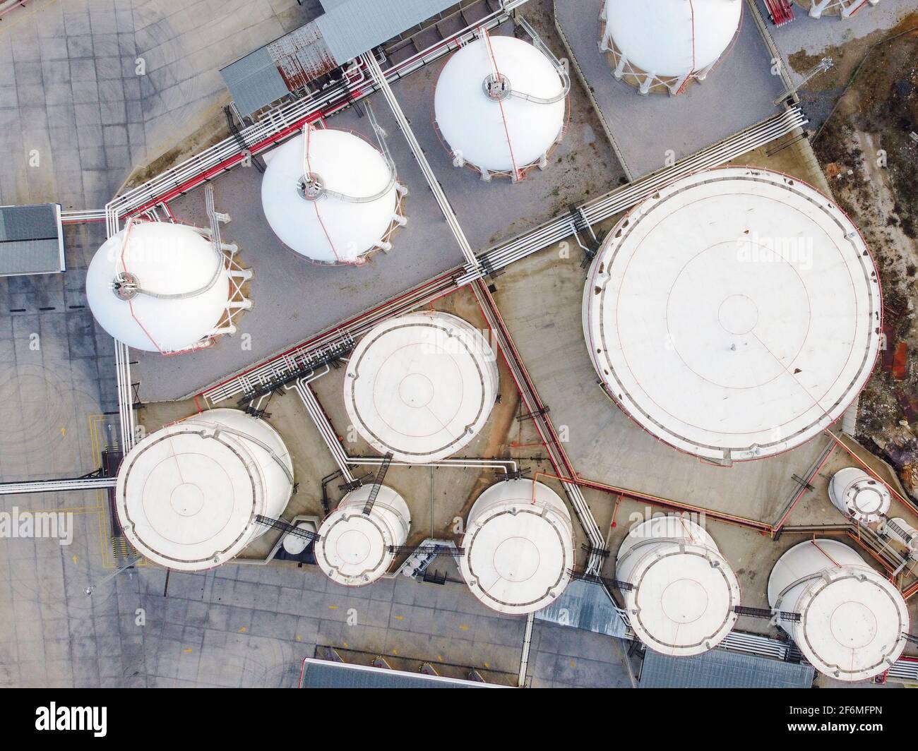 Storage tanks for liquefied natural gas top down aerial view Stock ...