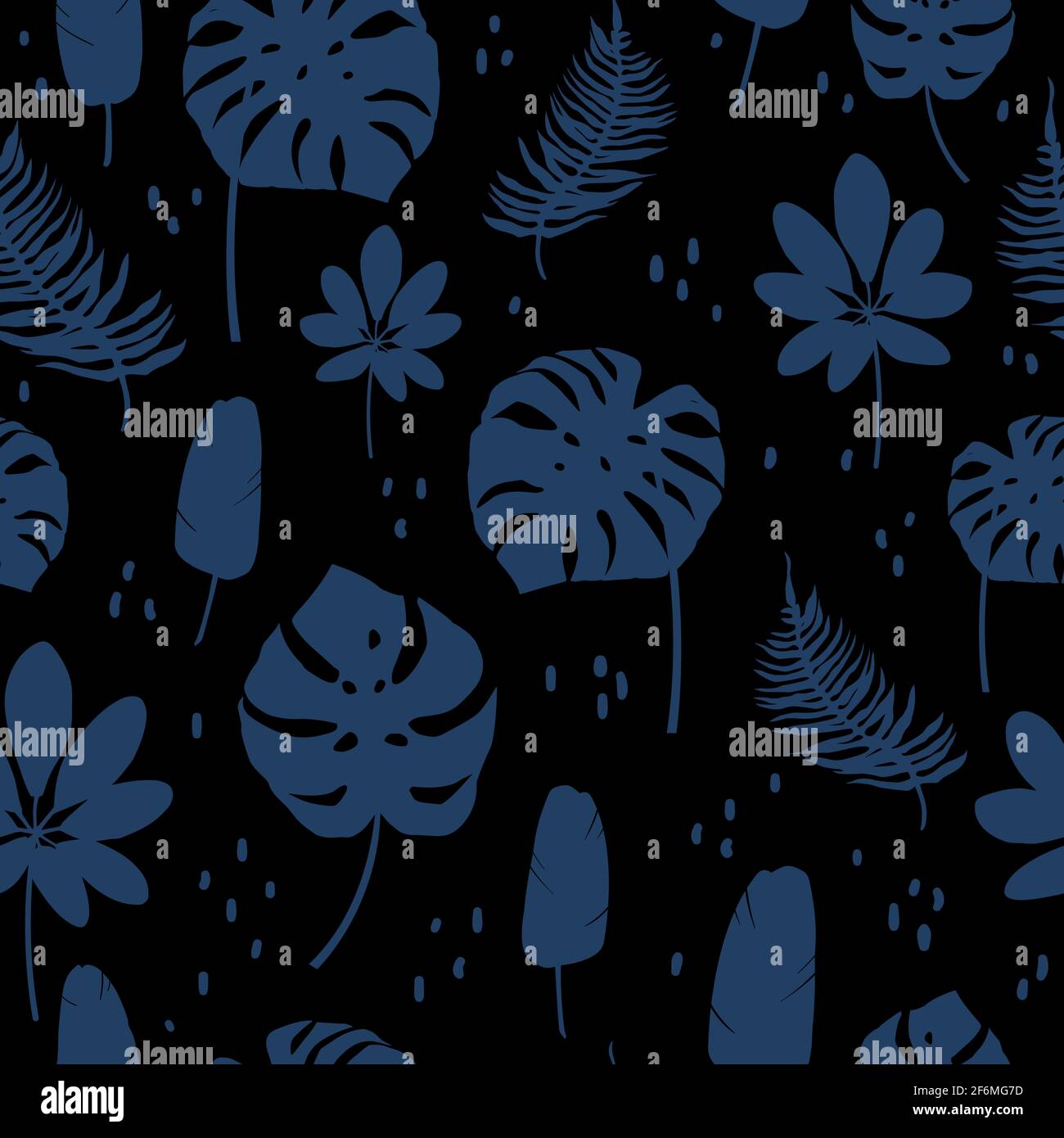 Dark blue seamless pattern with blue tropical leaves and flowers ...