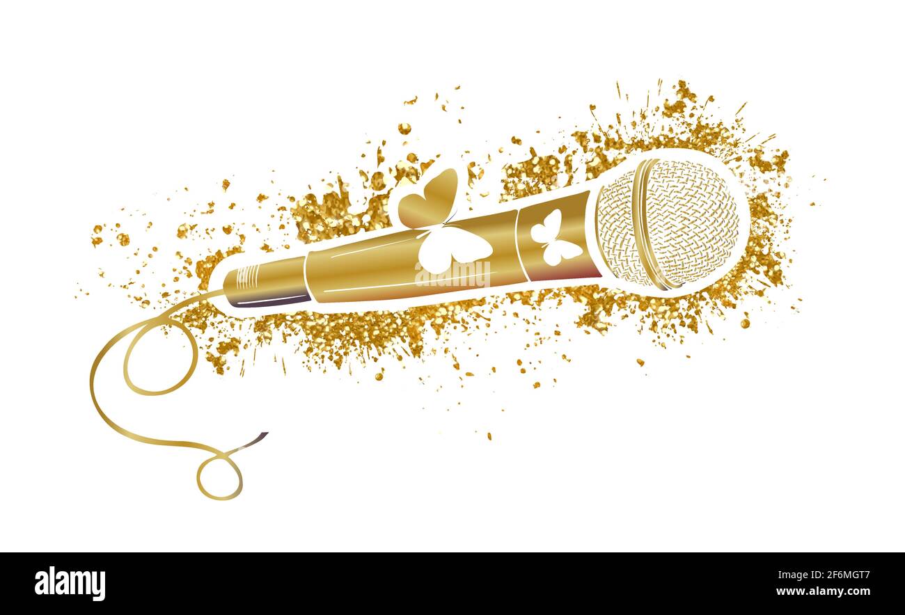 Gold microphone with beautiful shiny butterflies. Mic vector icon ...