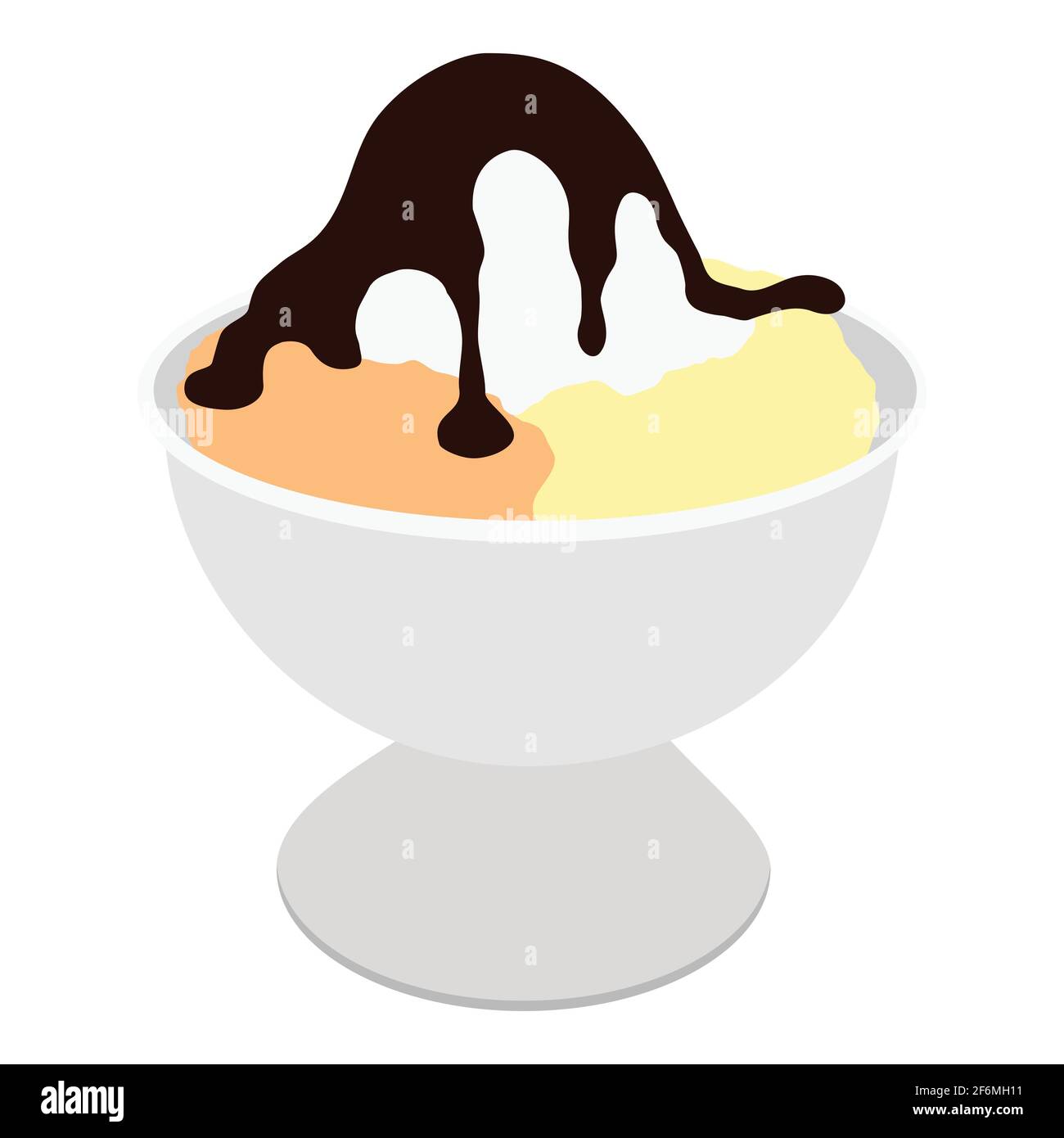 Frozen dessert ice cream in a bowl with cholocate syrup isolated on ...