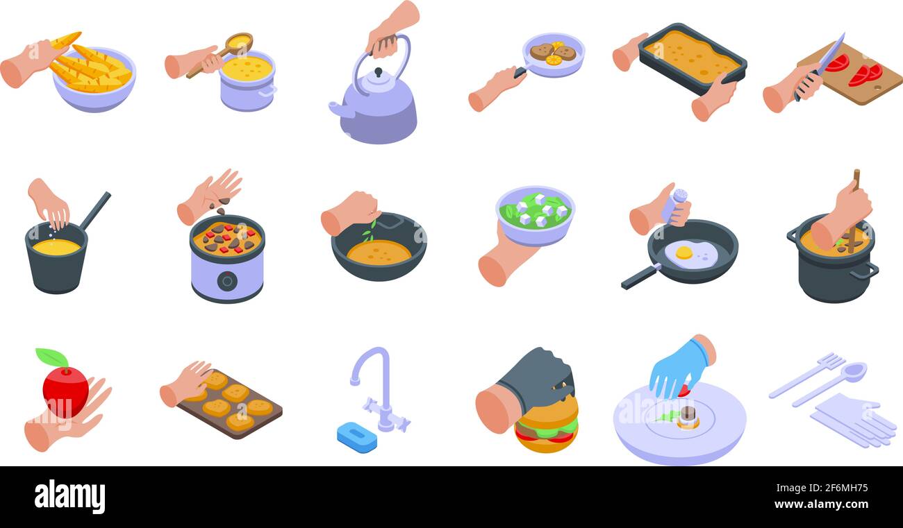 Hands preparing foods icons set. Isometric set of hands preparing foods ...
