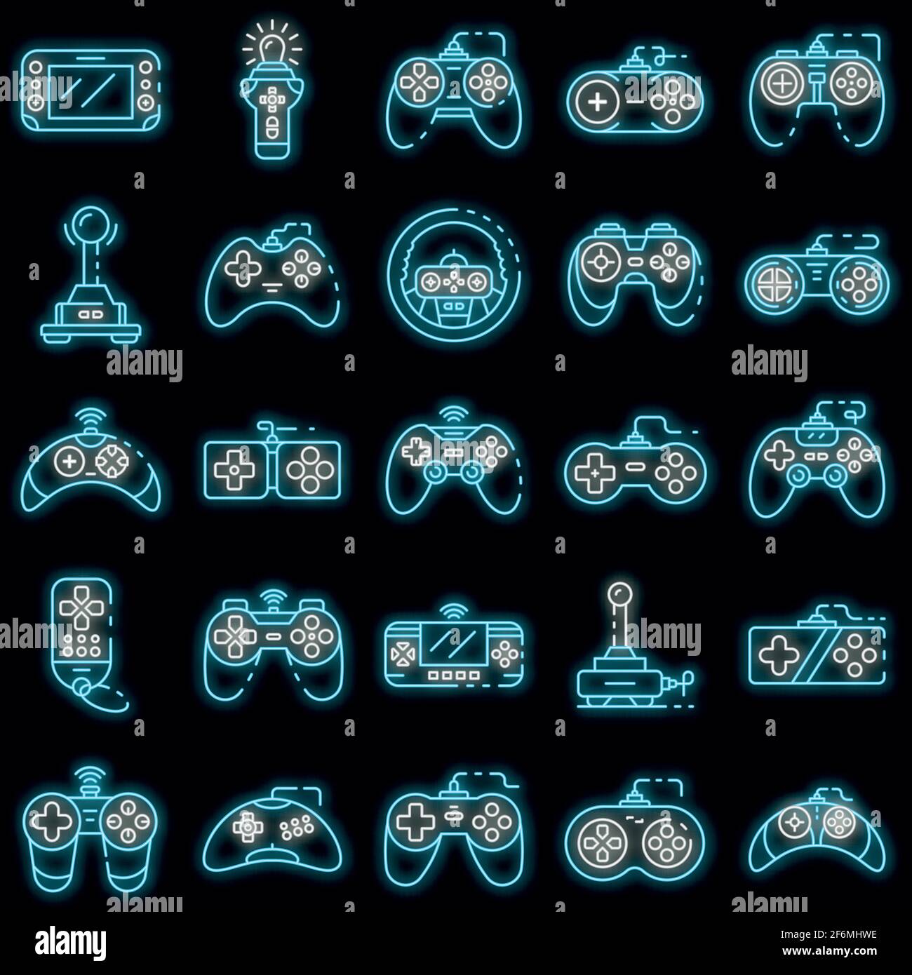 Joystick icons set. Outline set of joystick vector icons neon color on ...