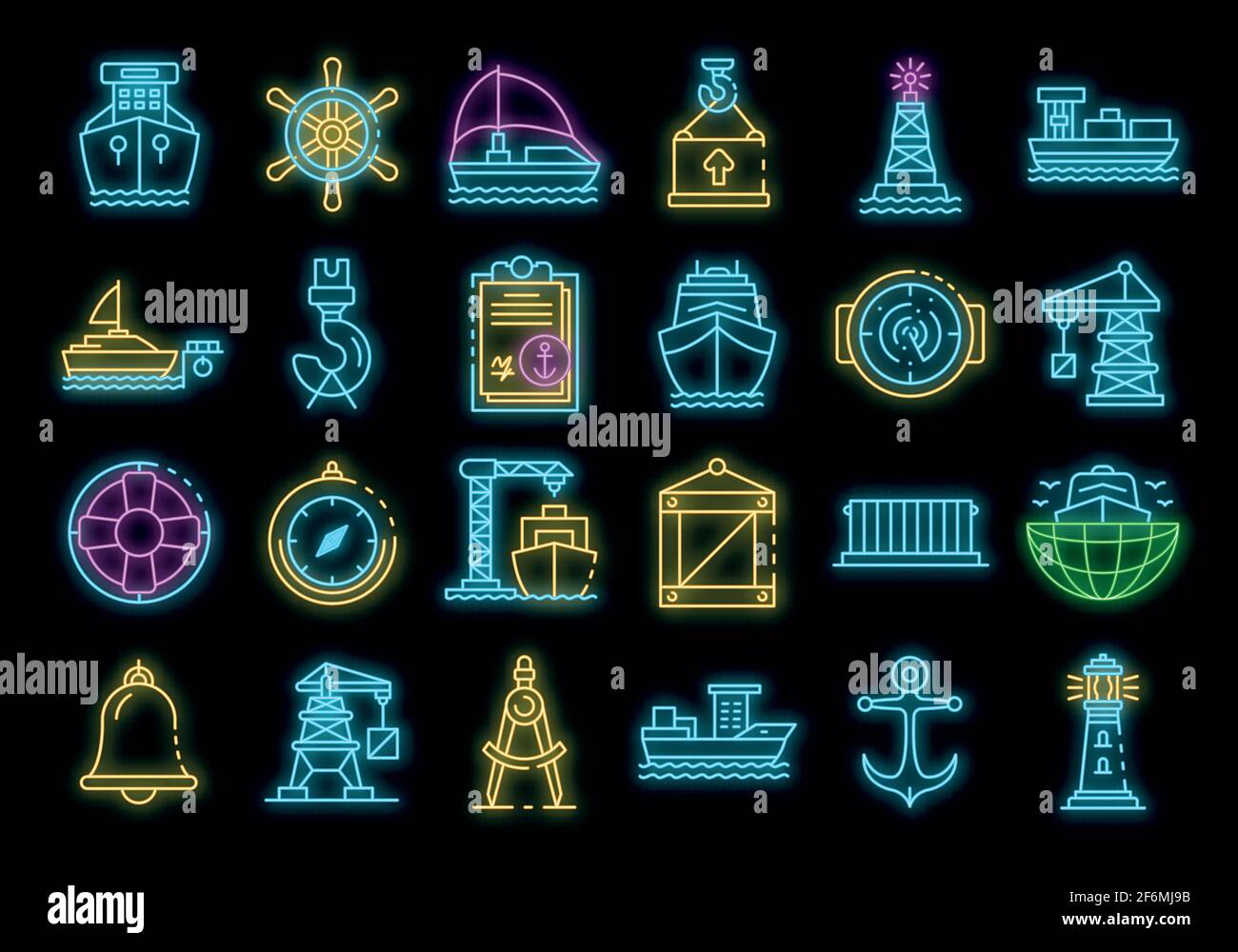 Marine port icons set. Outline set of marine port vector icons neon ...