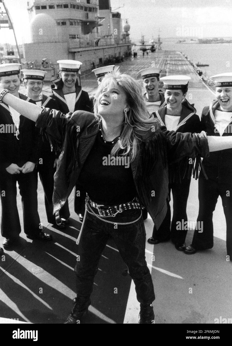 PAGE THREE GIRL TURNED POP STAR SAM FOX ABOARD HMS ARK ROYAL. PIC MIKE ...