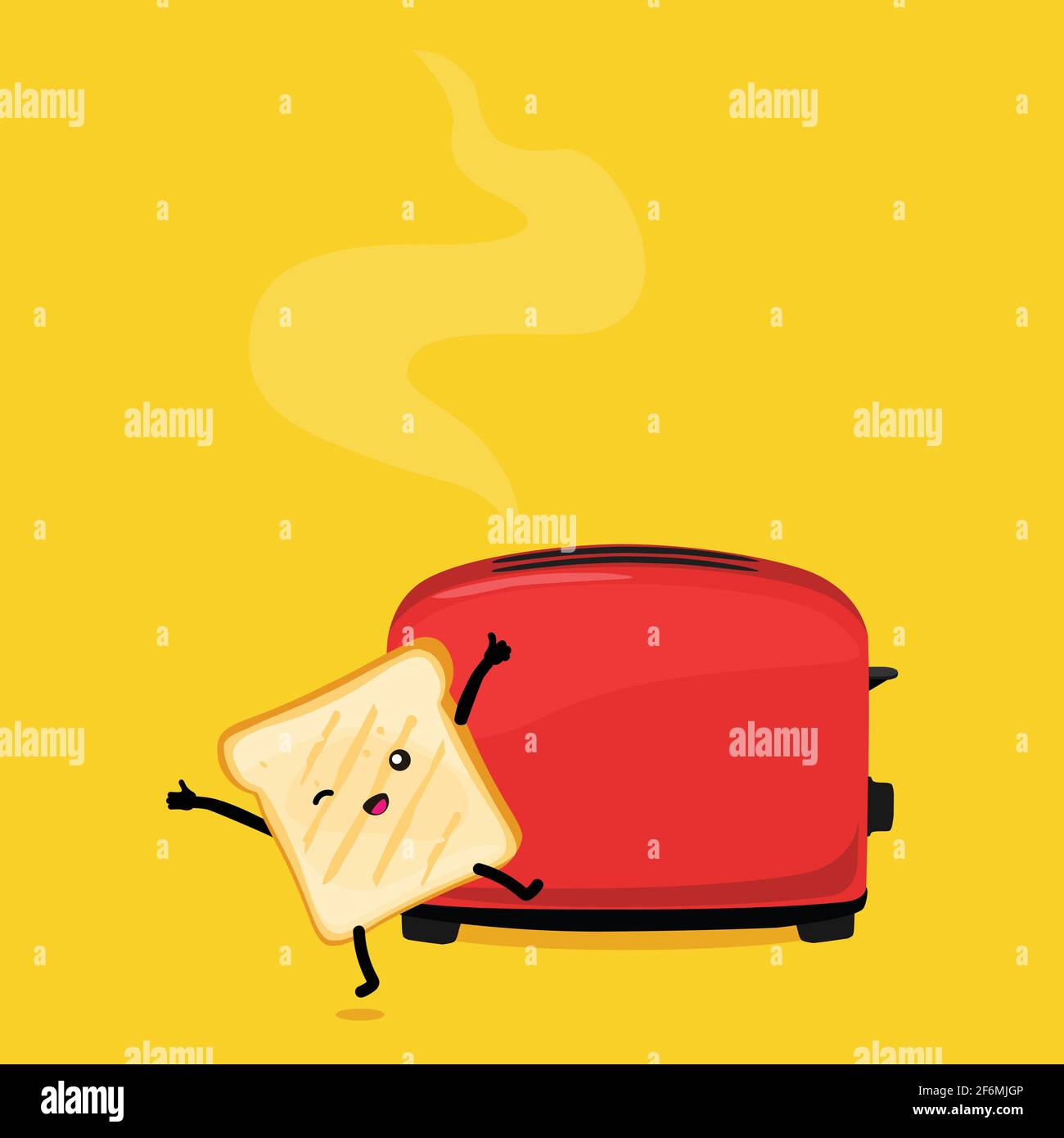 Cute happy cartoon funny toast jumping out of the toaster against ...