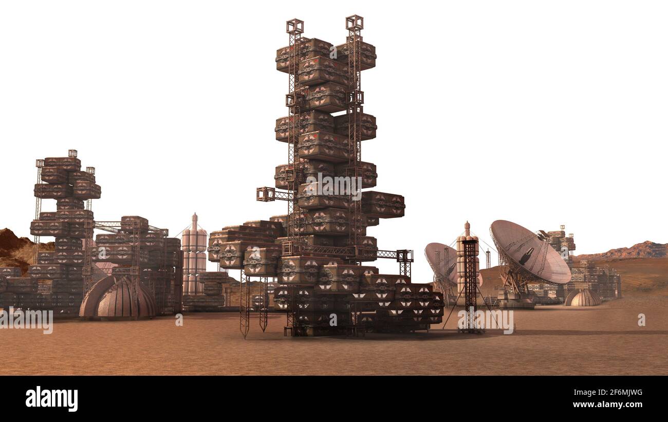 3D Illustration of a Martian colony with industrial structures ...