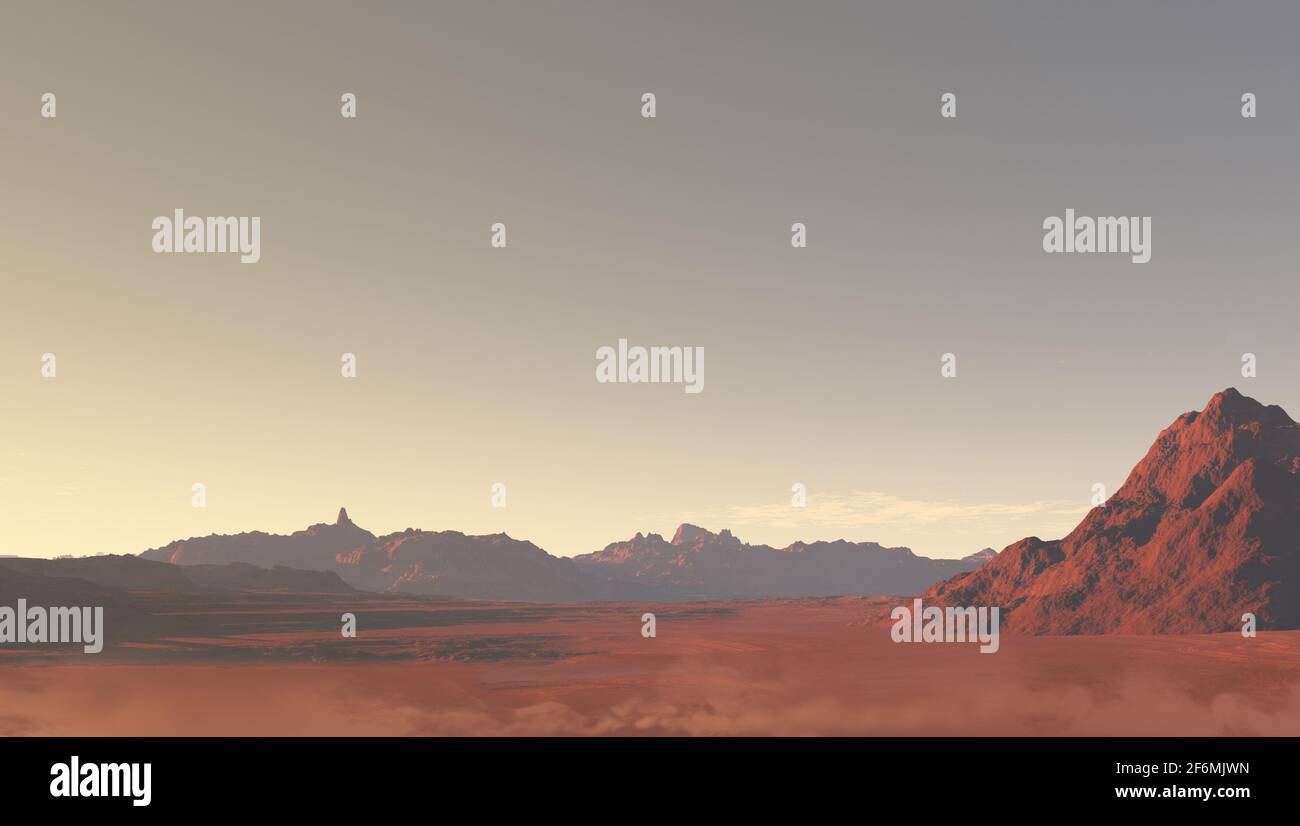 3D Rendering of a Mars-like red planet panorama with arid landscape and ...