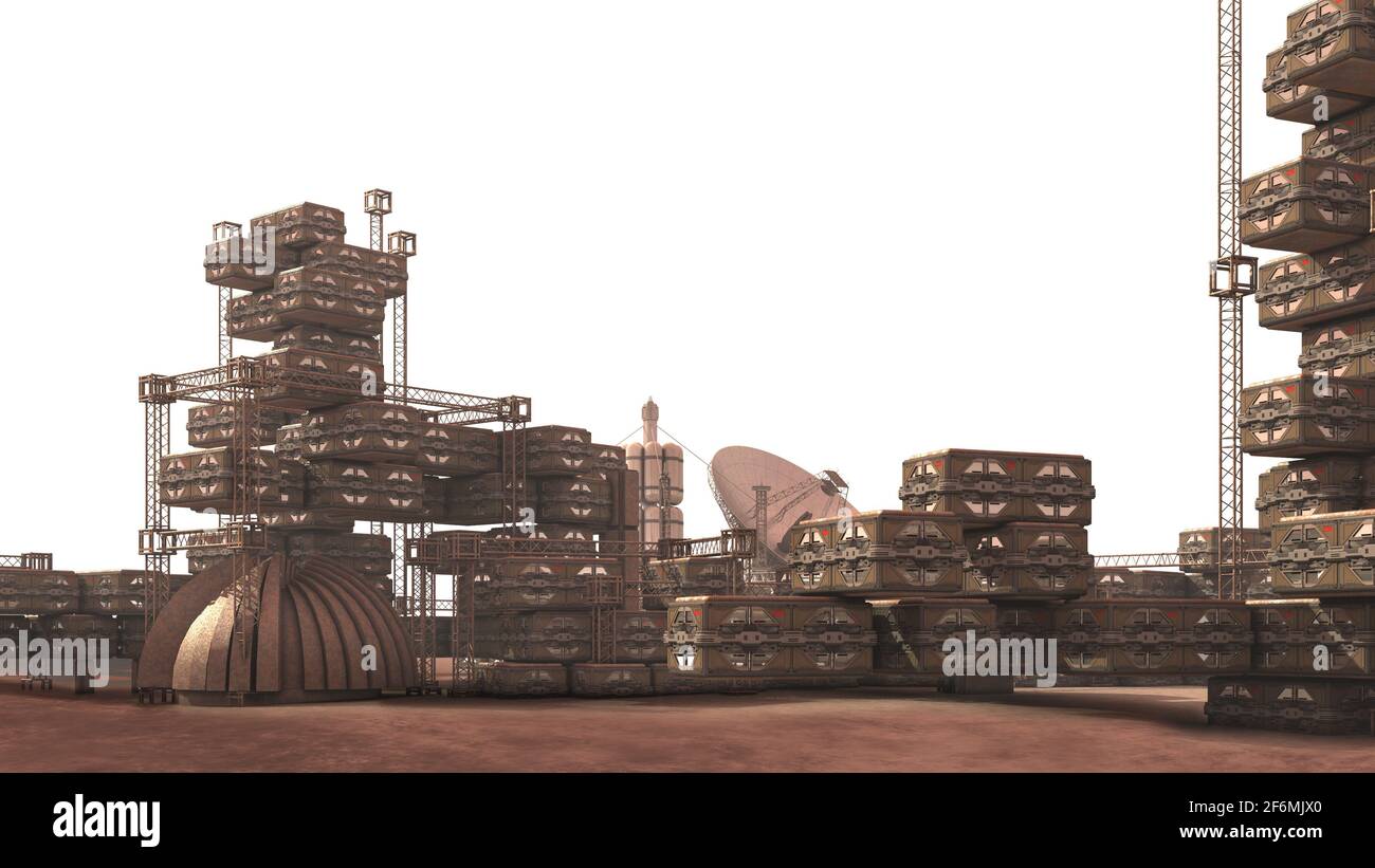 3D Illustration of a Martian colony with industrial structures ...