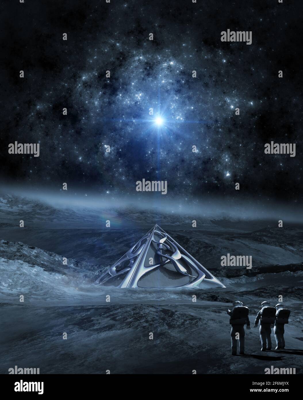 3D illustration of a lunar alien structure, for science fiction or ...