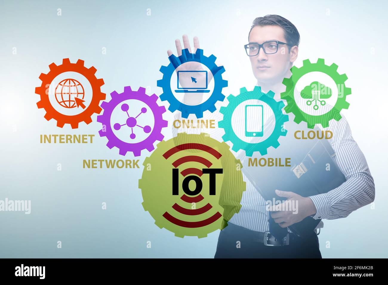 Businessman pressing virtual button in the IoT concept Stock Photo - Alamy