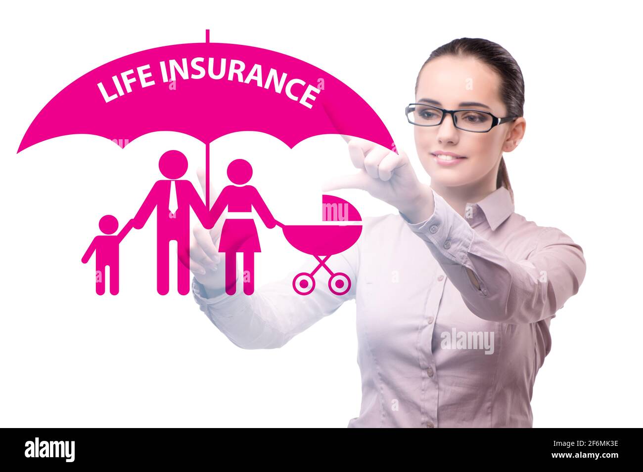 Life insurance concept with the businesswoman pressing button Stock ...