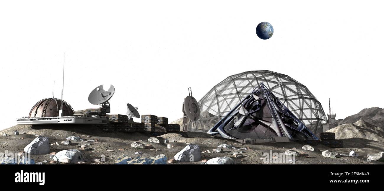 3D Illustration of a lunar base with a dome structure, research modules ...