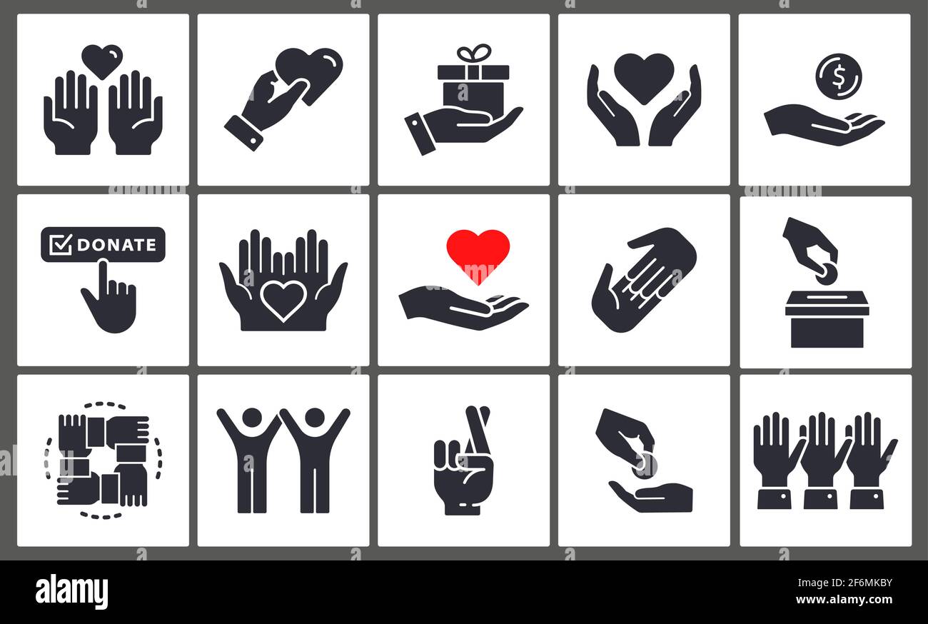 Charity icon set. Collection of donate, volunteer, help, hope and more ...