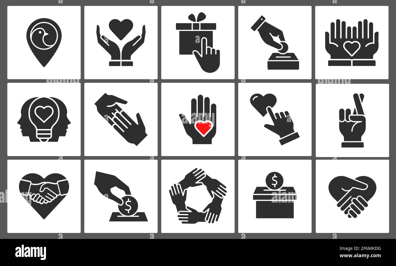 Charity icon set. Collection of donate, volunteer, help, partnership ...