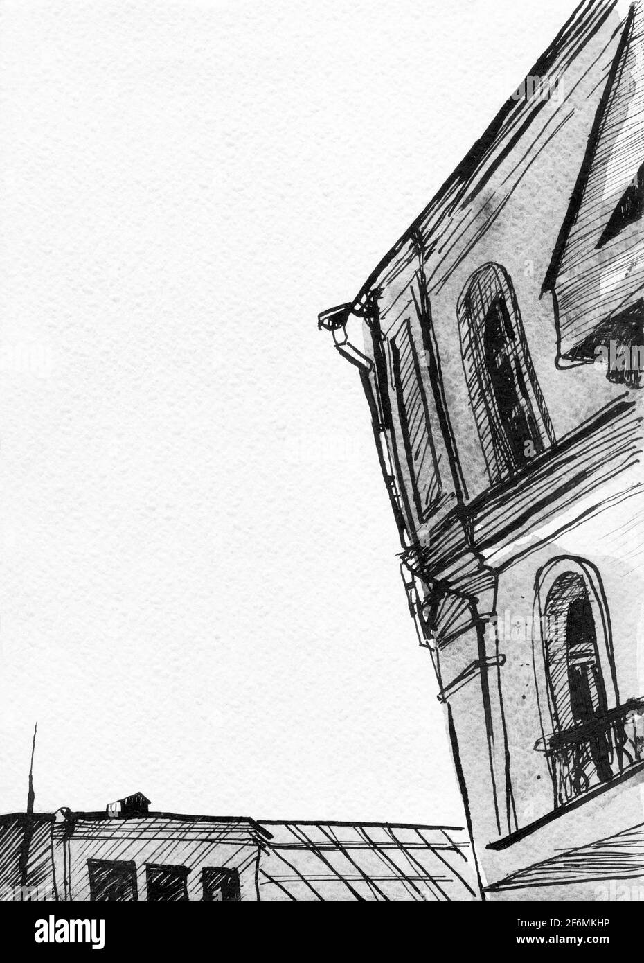 Old town watercolor and ink illustration. Old house wall hand drawn ink ...