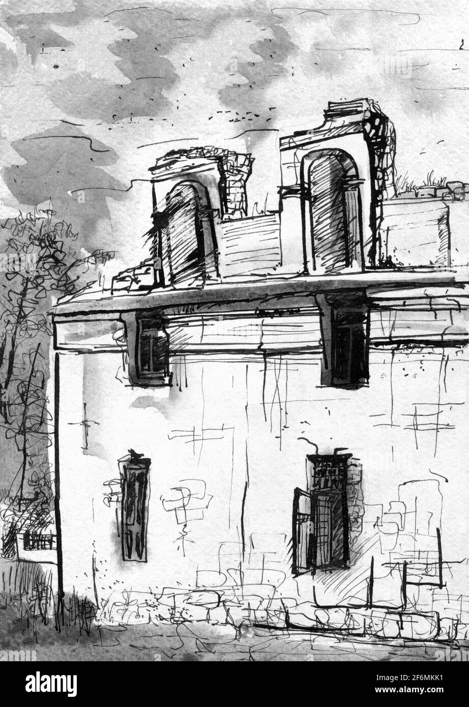 Old town watercolor and ink illustration. Old house wall hand drawn ink ...