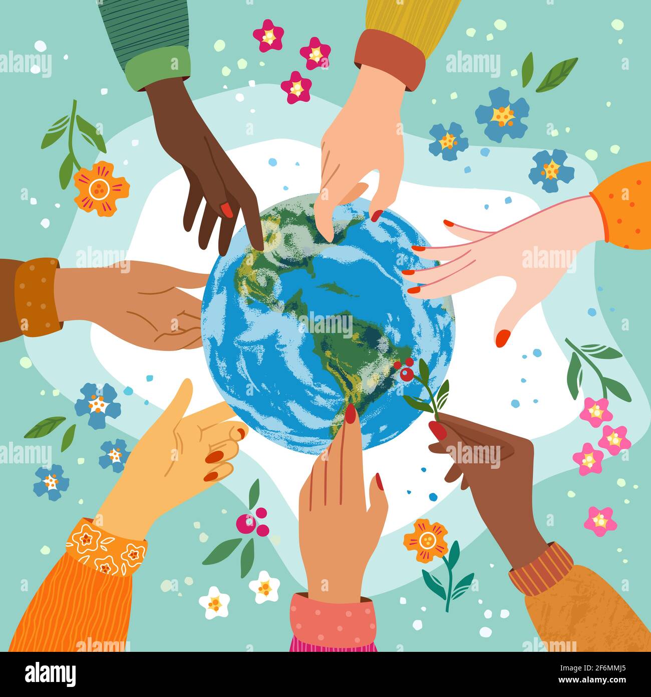 Happy earth day concept with the hands of people of different ...